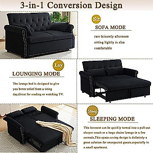 55"Convertible Loveseat Sofa Couch with Pull-Out Sleeper,3-in-1 Modern Love seat Couch Bed with Adjustable Backrest and 2 Pillows,Velvet 2 Seater Couch Bed for Small Spaces Living Room(Black)