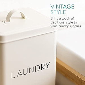 Navaris Laundry Detergent Container with Scoop - Powder Laundry Soap Tin - Vintage Style Metal Organizer Canister Box with Lid and Handles - White