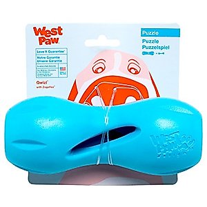 WEST PAW Zogoflex Qwizl Dog Puzzle Treat Toy – Interactive Chew Toy for Dogs – Dispenses Pet Treats – Brightly-Colored Dog Enrichment Toy for Aggressive Chewers, Fetch, Catch, Large 6.5", Aqua Blue
