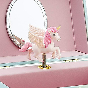 RR ROUND RICH DESIGN Musical Jewelry Glitter Storage Box and Jewelry Set for Little Girls with Spinning Unicorn and Rainbow - Blue Danube Tune Blue