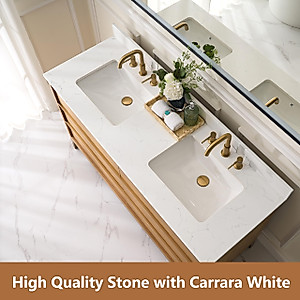 WELLFOR 60" Bathroom Vanity with Sink, Freestanding Wooden Bathroom Makeup Cabinet W/ 6 Soft-Close Drawers and Backsplash, Solid Wood Frame Bathroom Vanity (Light Oak)