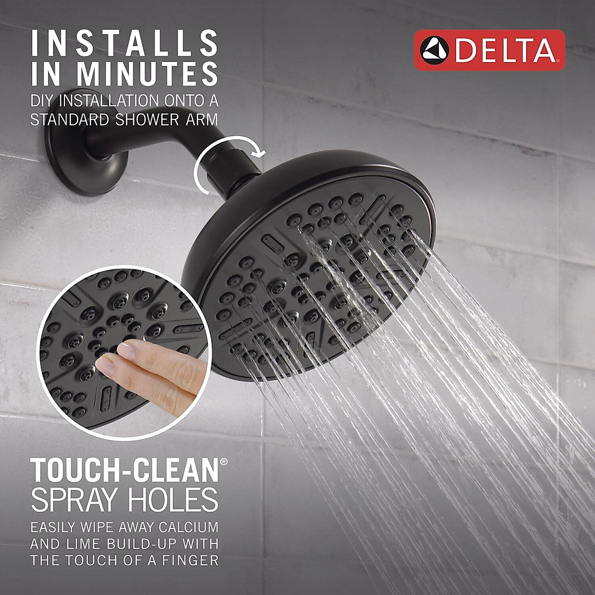 Delta Faucet 8-Spray Touch-Clean Matte Black Shower Head, Delta Shower Heads, Showerhead, Shower Head Black, 2.5 GPM Water Flow, Matte Black 75898BL