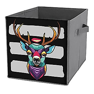 Colorful Geometric Reindeer Head Collapsible Storage Bins Basics Folding Fabric Storage Cubes Organizer Boxes with Handles