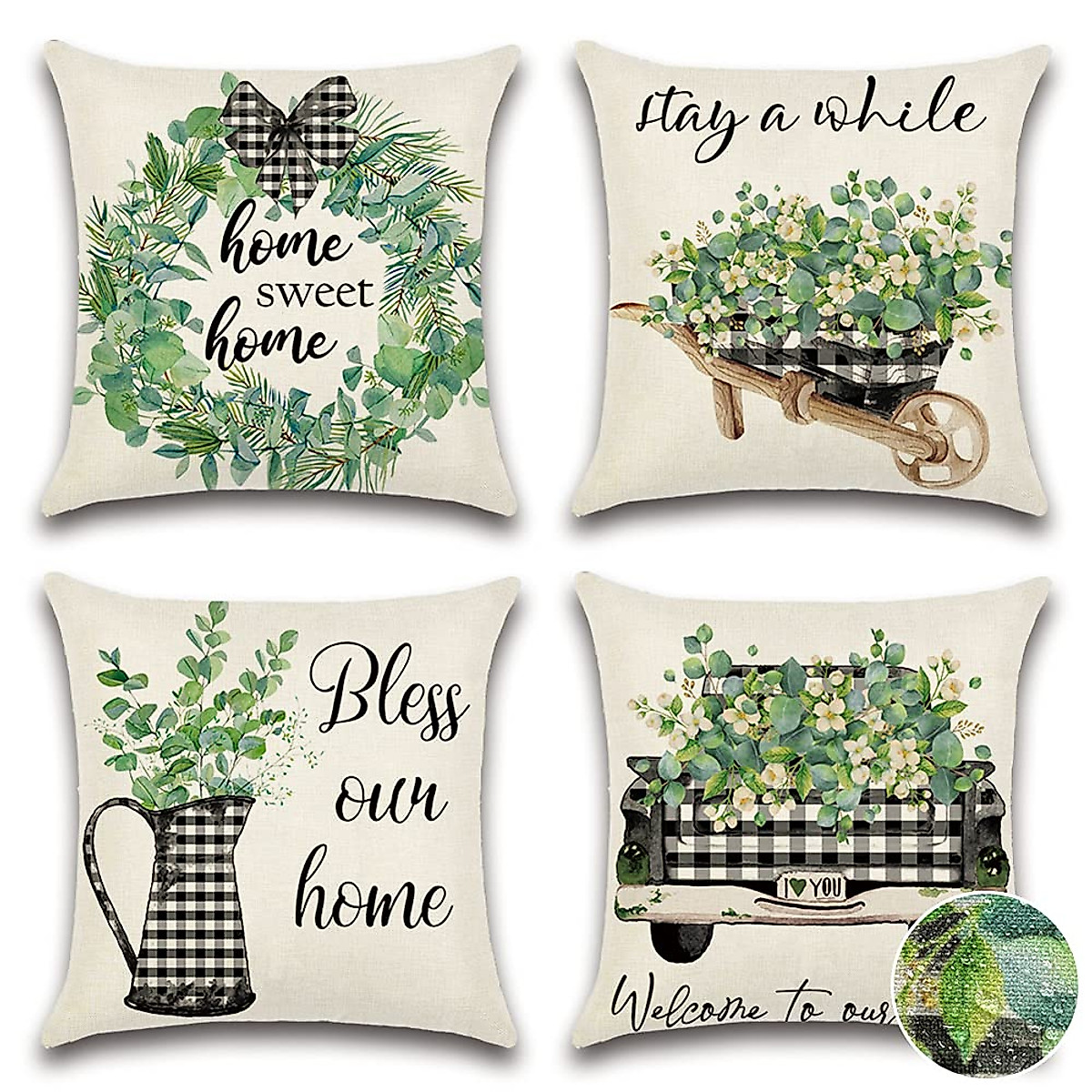 OTOSTAR Waterproof Outdoor Throw Pillow Covers Pack of 4 Spring Decorations for Home Pillow Covers 18x18 Inch Garden Pillowcase Leaf Cushion Case for Summer Holiday Couch Patio Decor (Eucalyptus E)