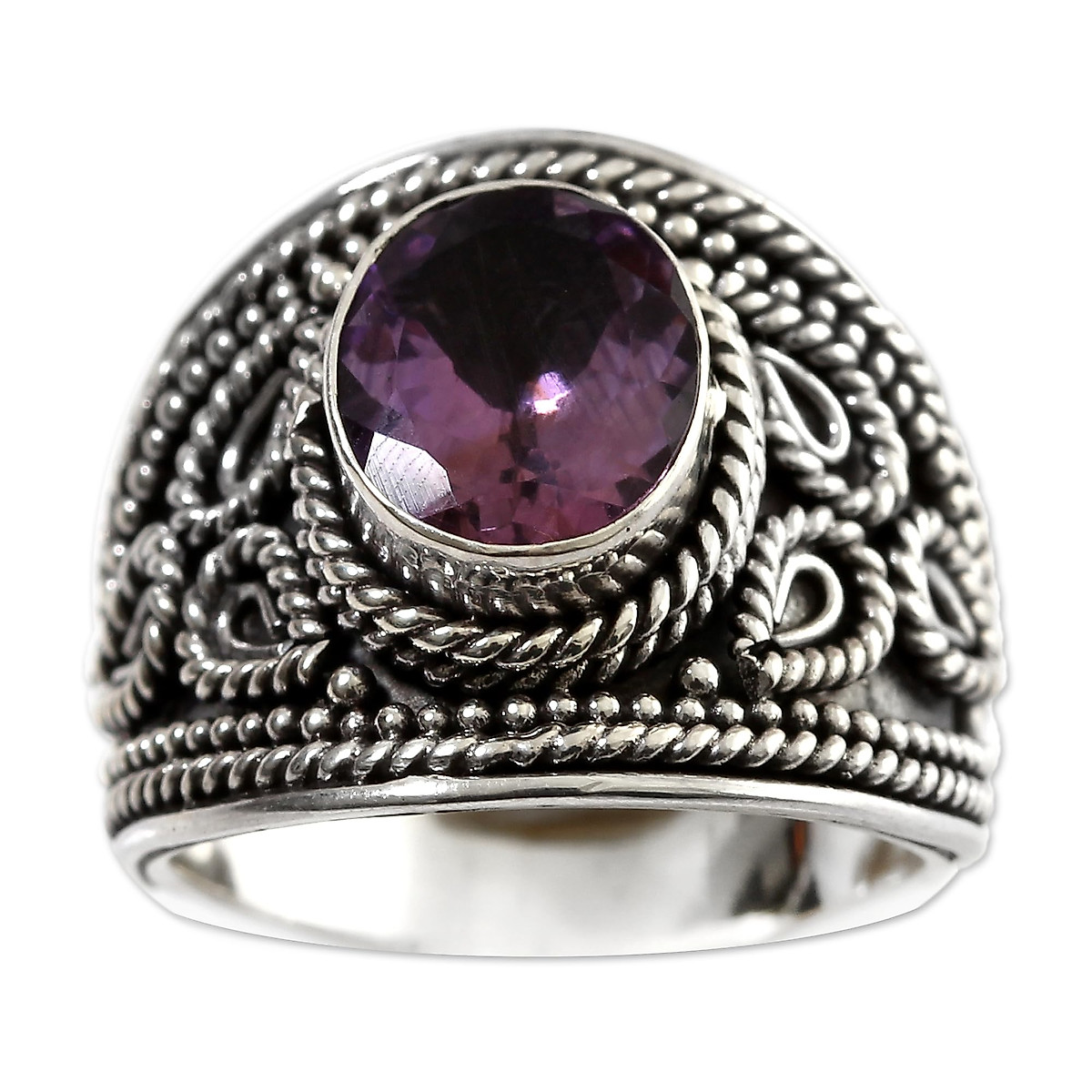 NOVICA Artisan Handmade Amethyst Locket Ring .925 Sterling Silver Purple Single Stone Cocktail Indonesia Bohemian Birthstone [0.4 in H x 0.6 in W x 0.6 in D] 'Secret Flame'