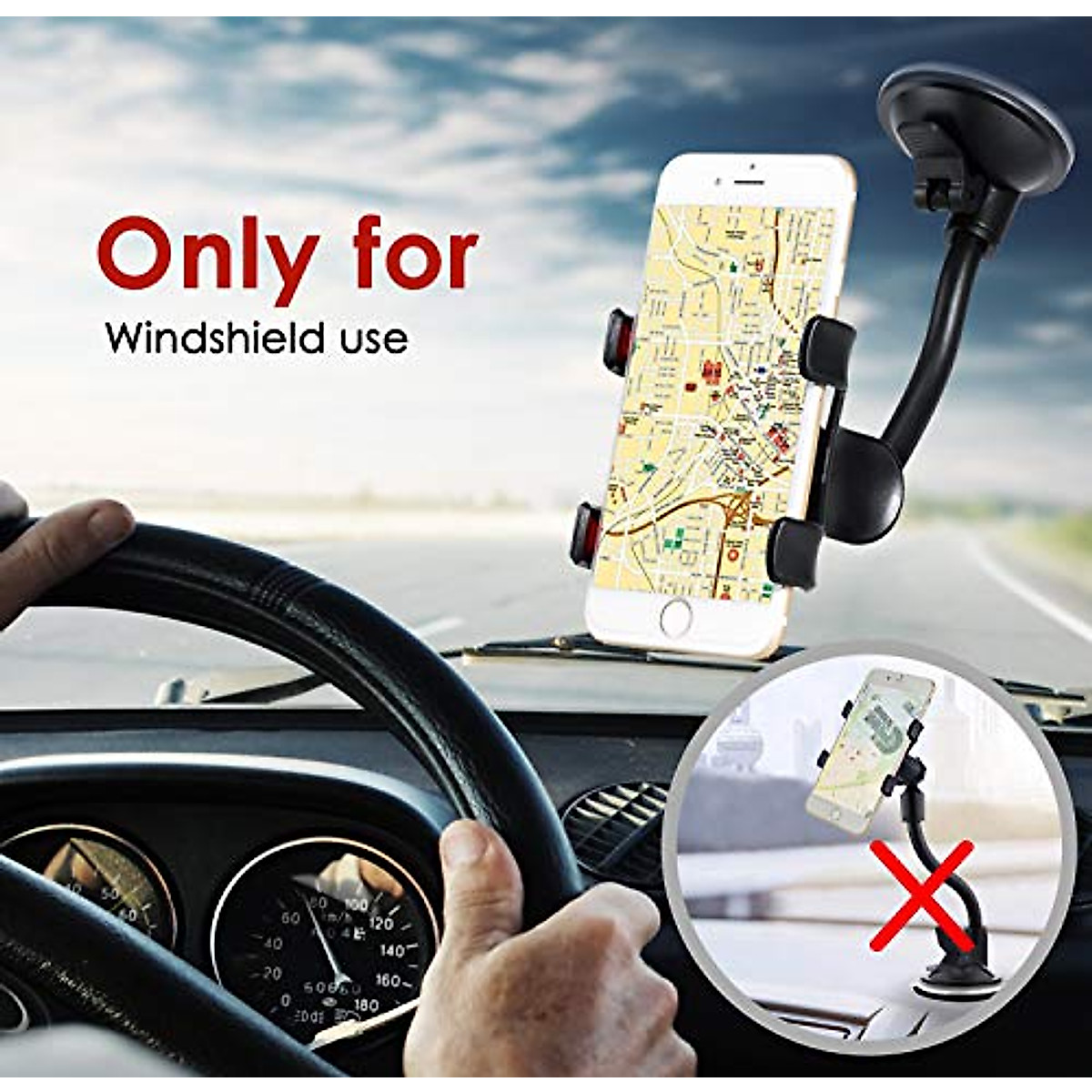 ivoler Car Phone Mount Windshield, Long Arm Clamp Universal Windshield with Double Clip Strong Suction Cup Cell Phone Holder Compatible with iPhone 13 12 11 Pro XS Max 7 8 6 Plus for Galaxy S22 Ultra