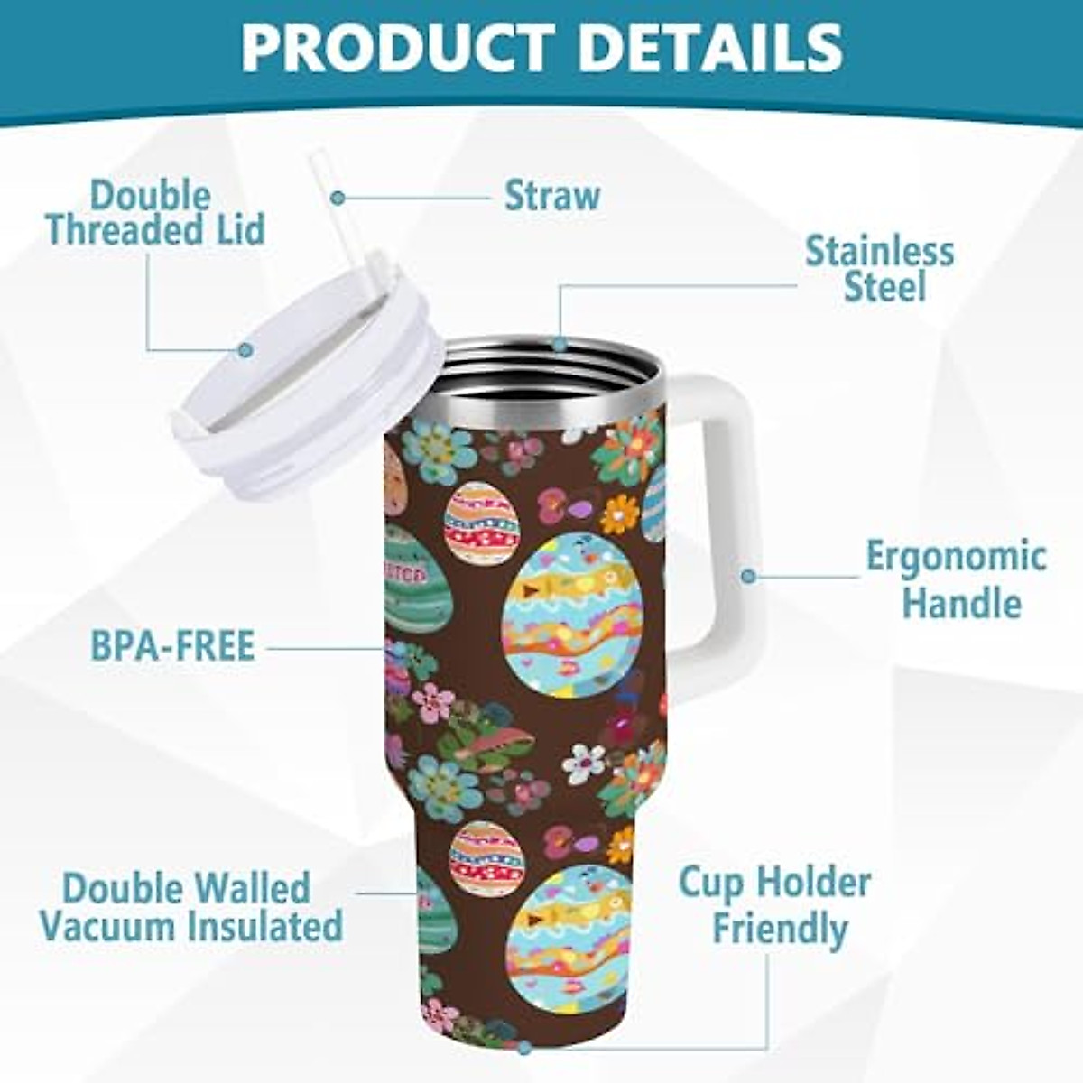 RPLIFE Cute Easter Bunnies Brown 40oz Tumbler with Handle, Stainless Steel Water Bottle with Straw, Travel Coffee Tumbler