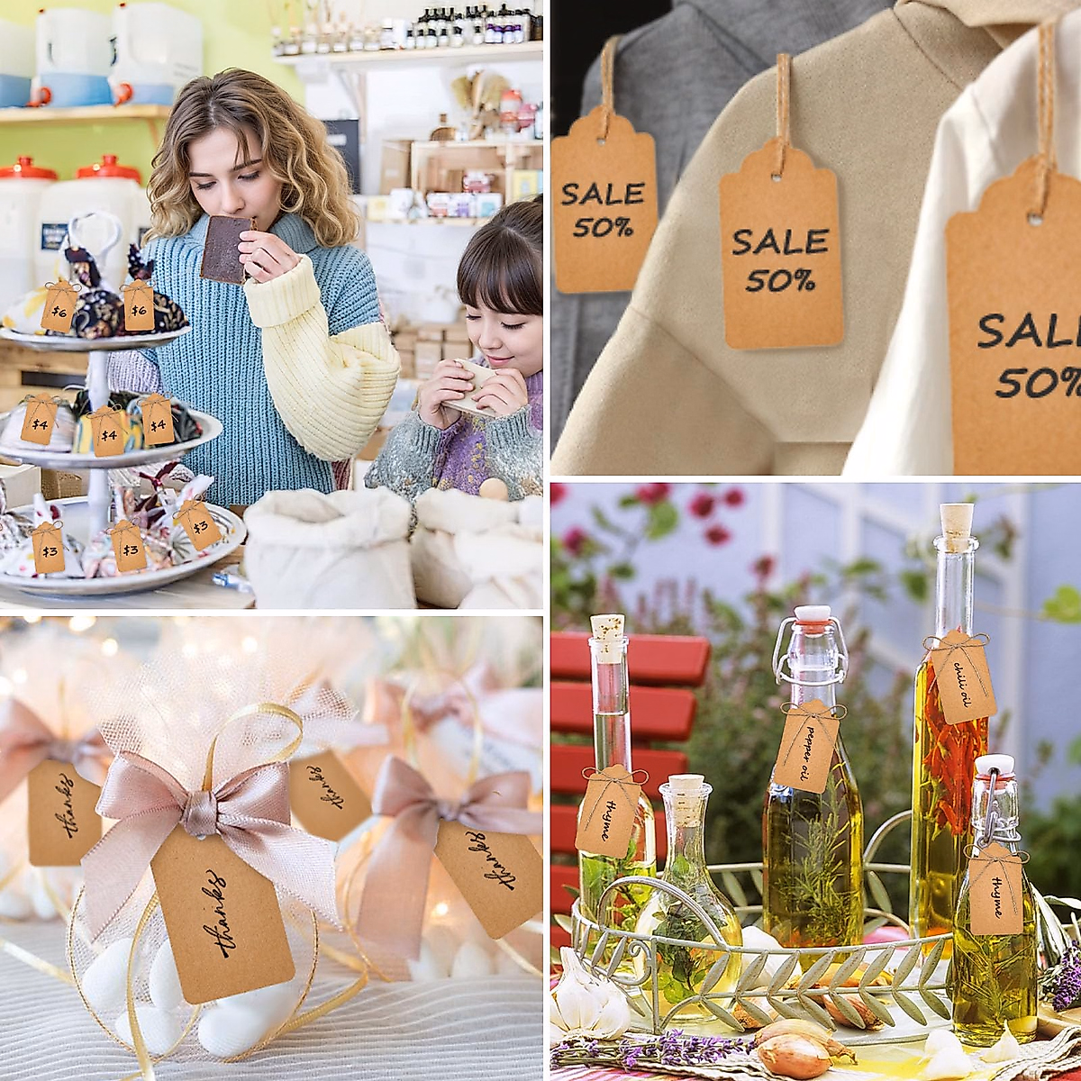 200PCS Kraft Paper Gift Tags with String, Blank Gift Bags Tags Price Tags(Brown)