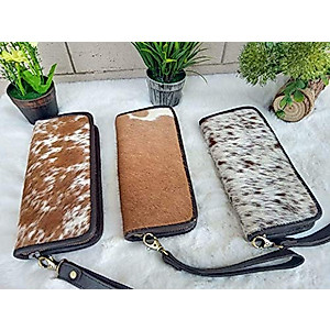 Womens Zipper Wristlet Clutch - Brown Cow Hide Cow Skin Leather Hand Clutch Zip Phone Wallet Clutch Card Case 8' X 4' - Gift for her