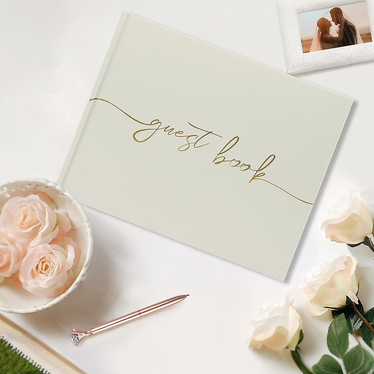LSSH GmbH Guest Book - Elegant Wedding Guest Book with 100 Blank Pages, Baby Shower, Birthday, Graduation and Special Events -Wedding Sign in, Photos (Beige)