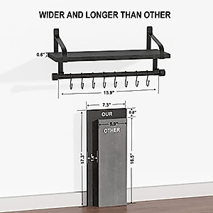 Love-KANKEI Floating Shelves for Coffee Bar,Bathroom Shelves with Towel Bar, Wall Shelves with 8 Hooks for Kitchen, 17.3 Inch Storage Shelves Set of 2 for Bedroom,Living Room，Black