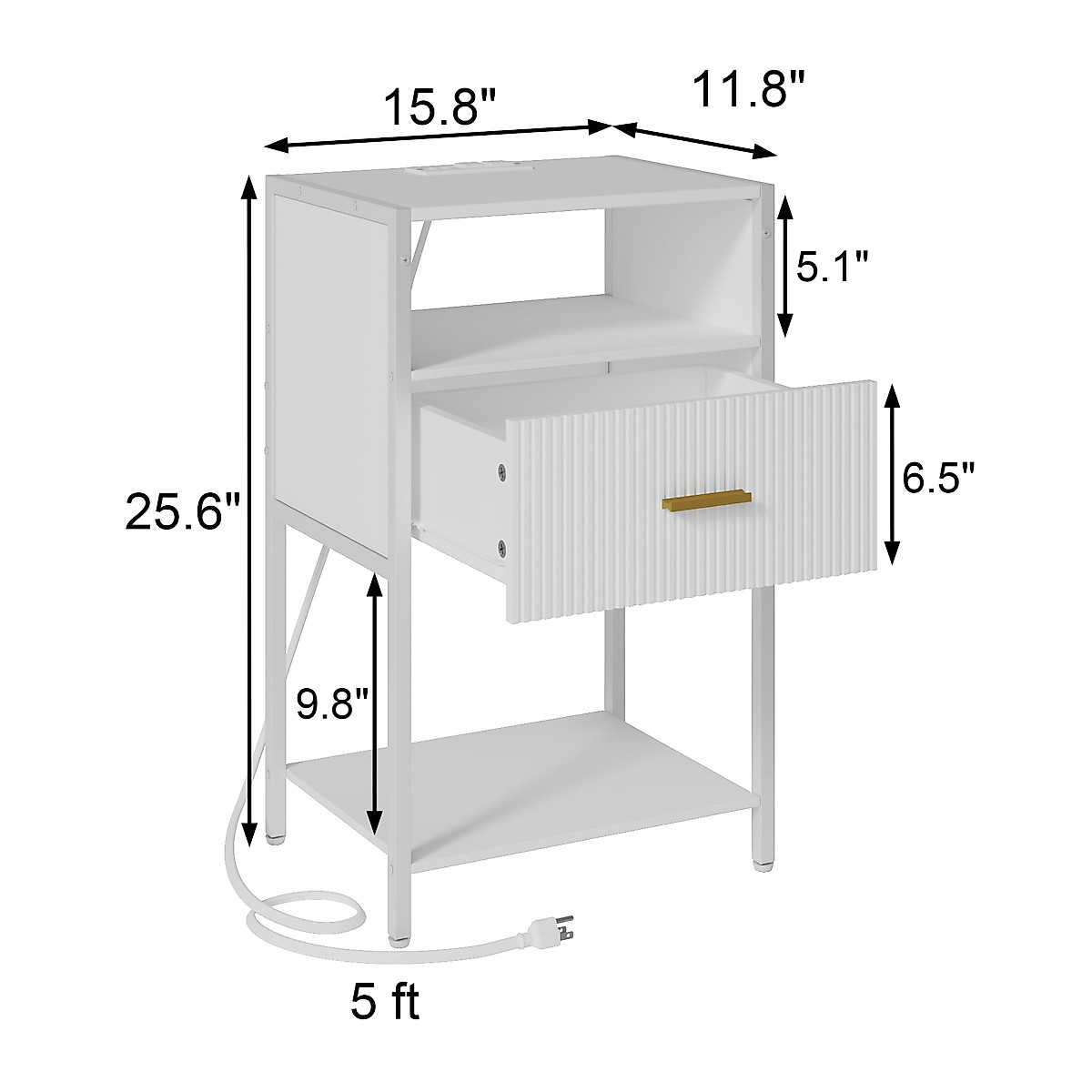 Veegle White Nightstand with Charging Station, Fluted Side Table with Drawer, Modern Bedside Table with Open Shelves for Living Room, Bedroom