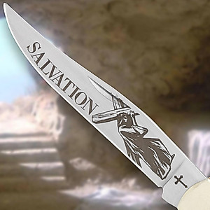Salvation Pearl Trapper Pocket Knife | Laser Etched Stainless Steel Blades | John 3:16 | Jesus Christ Carrying Cross | Elegant Faux Pearl Handle Scales | Nickel Silver Bolsters | Closed Length 4"