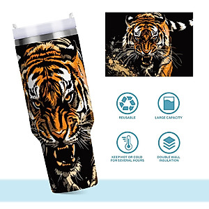 ALAZA Tiger Swooping Howling 40 oz Tumbler Stainless Steel Water Bottle Vacuum Insulated Cup with Straw Lid & Handle For Travel Car Cup Holder