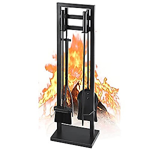 FEED GARDEN Fireplace Tools Set 5 Pieces, 30 Inch Modern Wrought Iron Outdoor Fireplace Accessories Set Long Holder Indoor with Poker, Tong, Shovel, Brush, Base Black