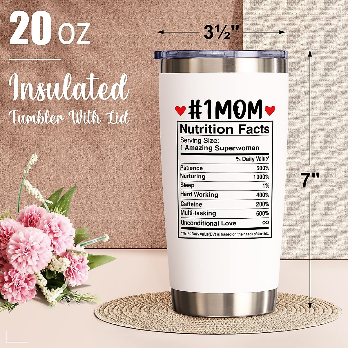 Fimibuke Gifts for Mom from Daughter, Son - 20 OZ Tumbler Mothers Day Gifts for Mom, Mother-in-Law, Wife, Women - Nutrition Facts Insulated Cups Funny Birthday Presents Boxed Gifts from Kids Husband