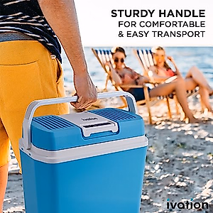 Ivation Electric Cooler & Warmer with Handle | 24 L Portable Thermoelectric Fridge for Vehicles & Trucks| 110V AC Home Power Cord & 12V Car Adapter for Camping, Travel & Picnics