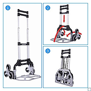 Stair Climbing Cart Portable Folding Hand Truck 165 lbs Weight Capacity Heavy-Duty Hand Cart Height Adjustable Aluminum Trolley with 6 Rubber Wheels & Bungee Cord Dolly for Moving, Luggage and Office
