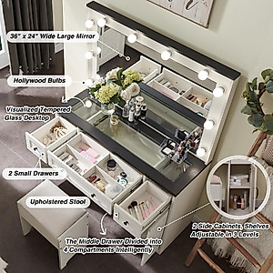 JXQTLINGMU Farmhouse Vanity Desk with Hollywood Makeup Mirror - Ample Storage Space with 3 Drawers & 2 Cabinets - Detachable Light Bulbs, Stool Included, Bedroom, White