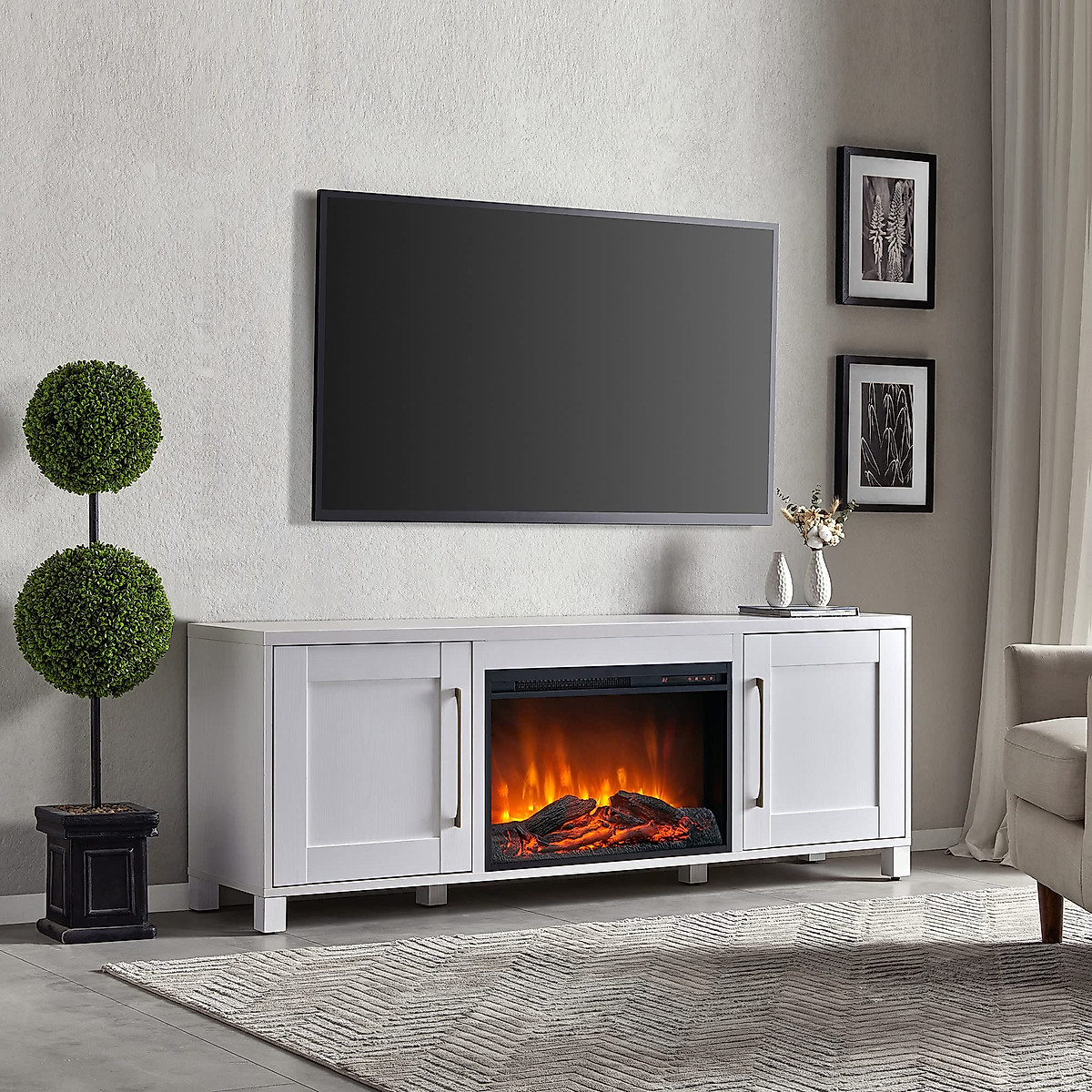 Henn&Hart Rectangular TV Stand with 26" Log Fireplace for TV's up to 80" in White, Electric Fireplace TV Stands for the Living Room