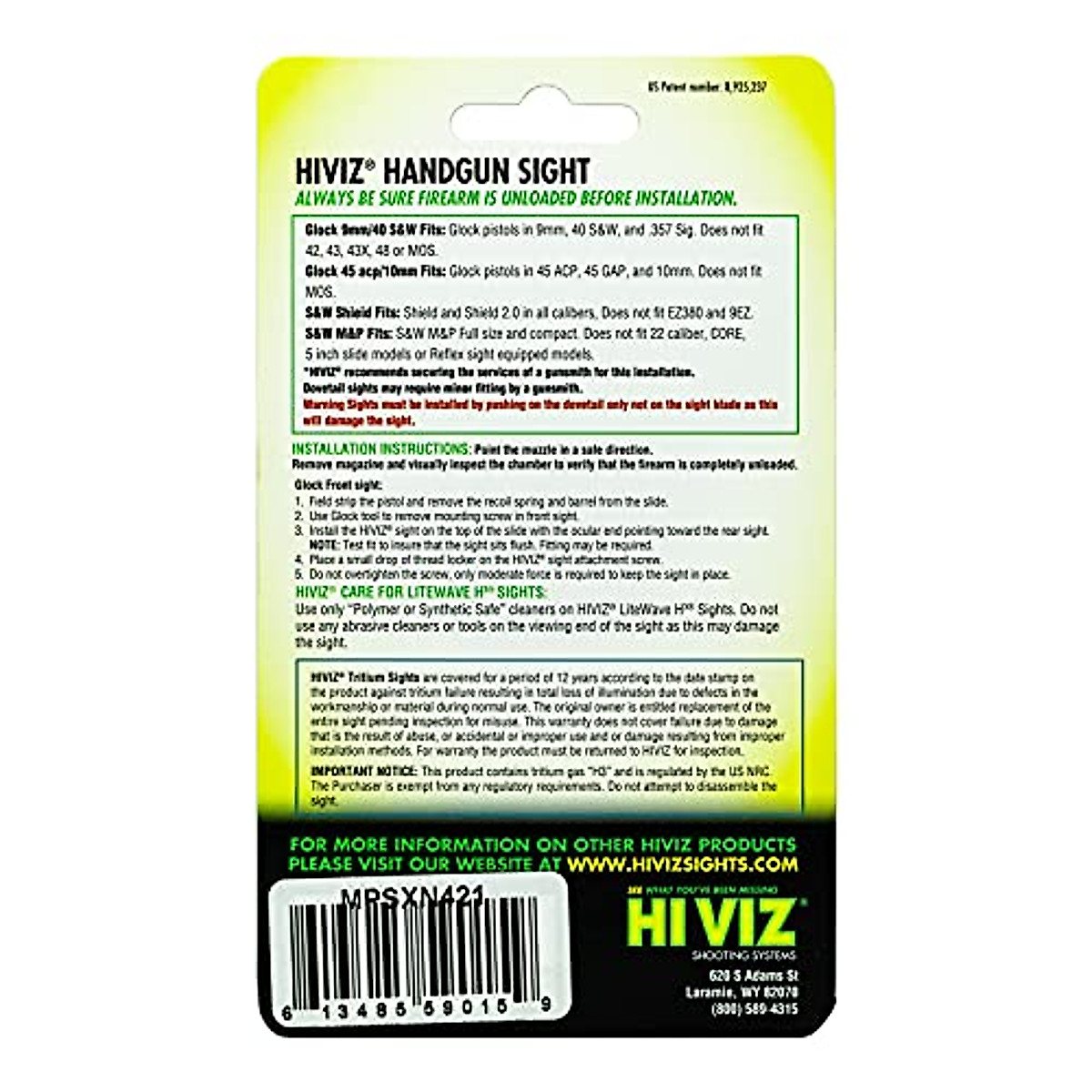 Hiviz Litewave H3 Tritium Express Handgun Sight Green/Orange Litepipes White Front Ring S&W Sheild