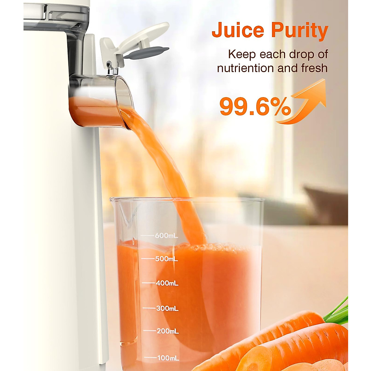 Cold Press Juicer, Updated Masticating Juicer Machines with 5" Feeding Chute Fit Whole Fruits &Vegetables, 99.6% Juice Purity, Streamlined Parts Easier to Clean/1.5L Capacity/2 Cups Included