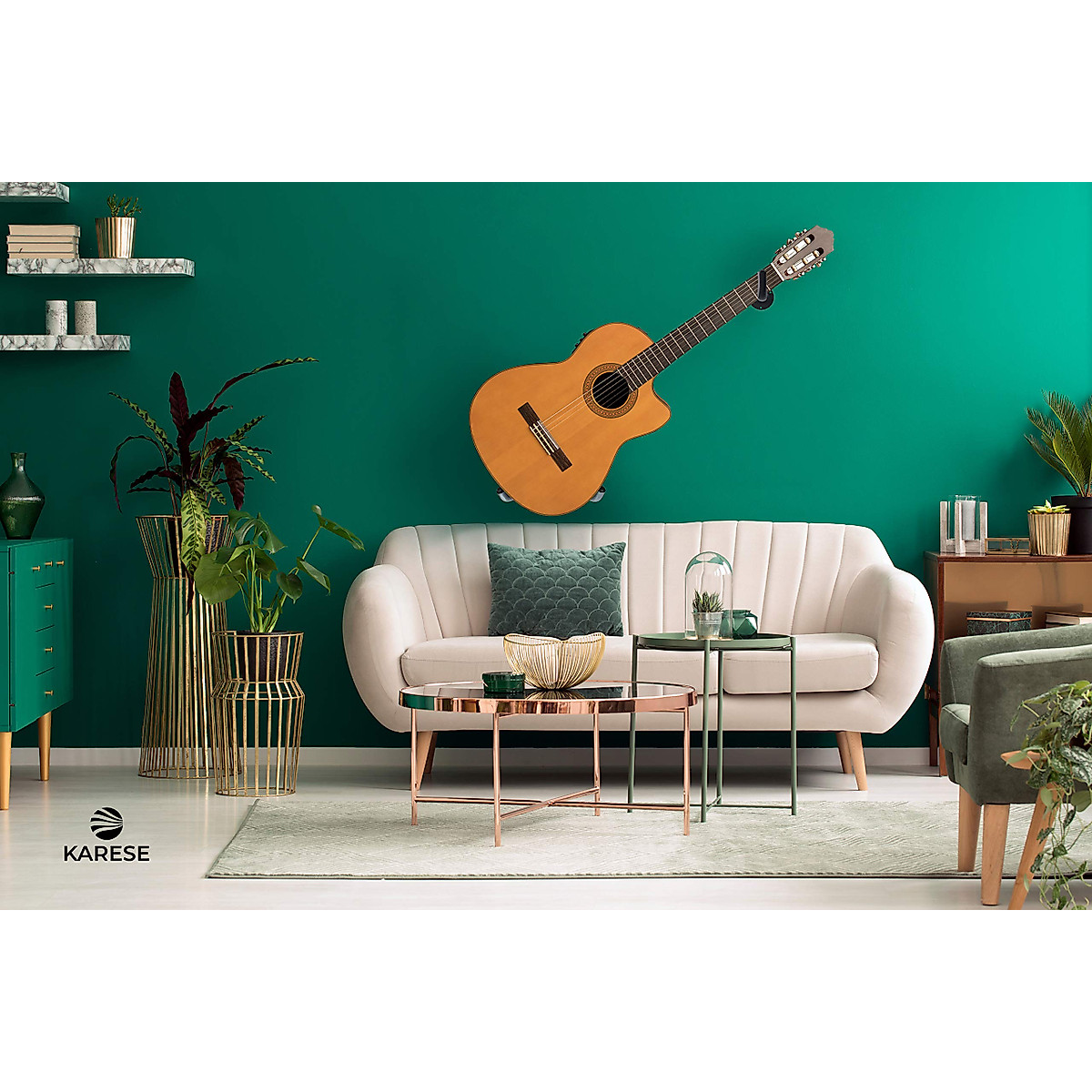 Horizontal Guitar Wall Mount with Guitar Strap and Pick, Padded Wall Hanger Hooks for Electric, Acoustic Guitars, Bass or Mandolin