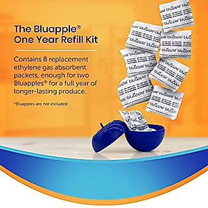 Bluapple Produce Saver Refill Kit - Keep Fruits and Vegetables Fresh Longer, 8 Veggie and Fruit Saver Packets, Each Packet Lasts up to 3 Months, Ethylene Gas Absorber, Made in USA