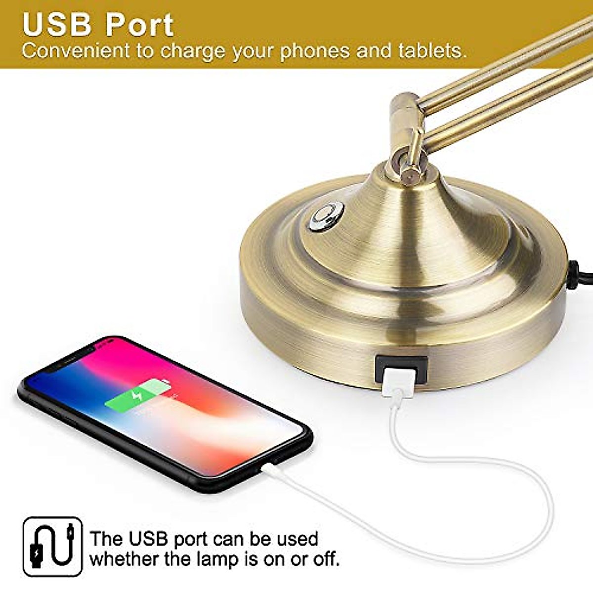 Mlambert 3-Color in 1 LED Desk Lamp with USB Charging Port, Swing Arm, Fully Dimmable, Eye-Caring Task Lamp, Touch Control Brass Metal Architect Drafting Table Lamp for Bedside, Office, Work, Reading