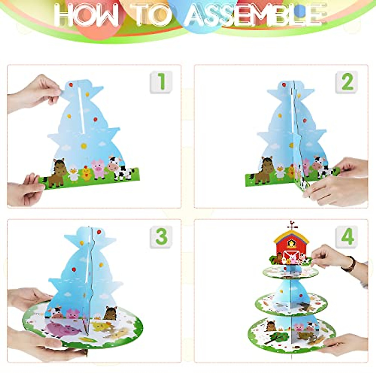 3 Tier Farm Animals Cupcake Stand Holder Farm Theme Birthday Party Supplies Spring Cupcake Tower Cardboard Display Decorations Rustic Dessert Cake Stand for Boy Girl Kids Baby Shower