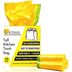 Biodegradable Trash Bags for 13 Gallon | 50 Liter Bin, Plant Based - 75 Count, Tall Kitchen Compost Bags with Drawstrings - Green Garbage Bags - 1.3 mil Thick Heavy Duty and Eco Friendly Trash Bags