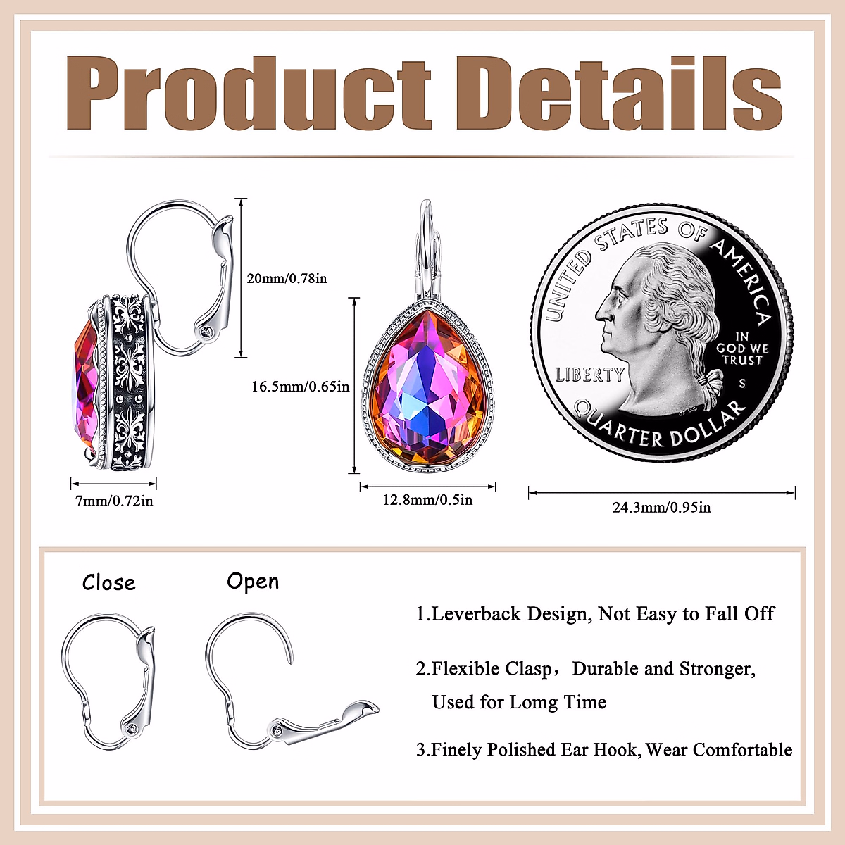 Milacolato Austria Crystal Earrings 18K White Gold Plated Hypoallergenic Leverback Drop Dangle Earrings Vintage Boho Earrings for Women of All Ages