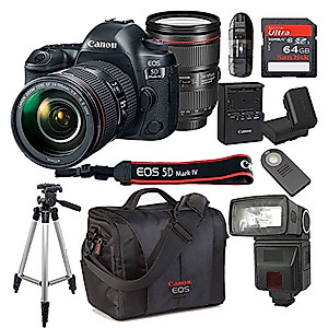 Canon EOS 5D Mark IV With 24-105mm f/4 L IS II USM Lens Kit Bundle + 64GB High Speed Memory Card + Canon 300DG Deluxe Camera Bag + Wireless Remote Shutter + Tripod + More (Certified Refurbished)
