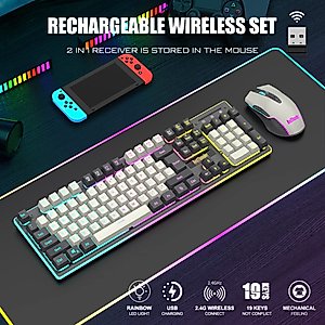 RedThunder K10 Wireless Gaming Keyboard and Mouse Combo, LED Backlit Rechargeable 3800mAh Battery, Mechanical Feel Anti-ghosting Keyboard + 7D 3200DPI Mice for PC Gamer (White-Gray)