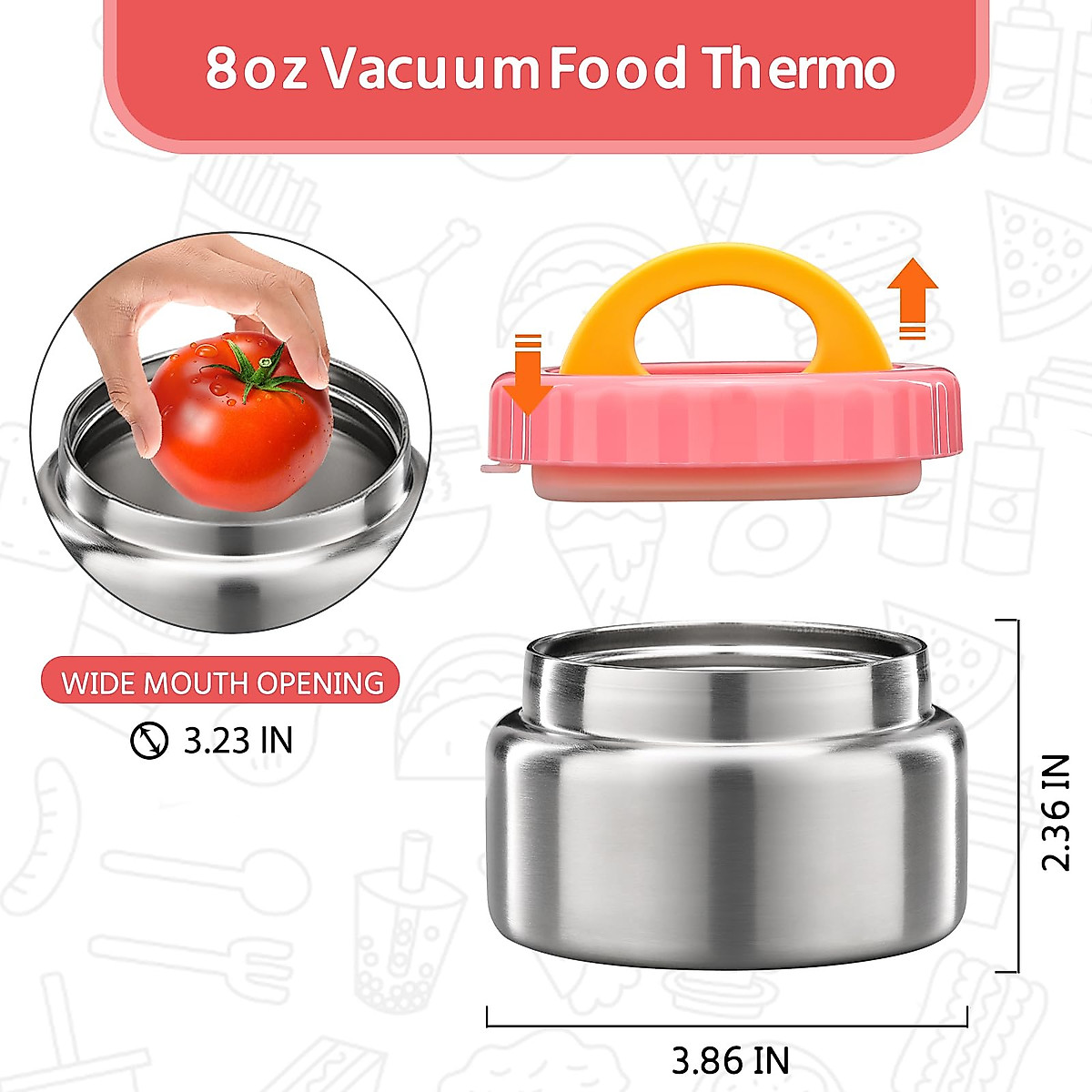 MAISON HUIS 8oz Soup Thermos Wide Mouth Vacuum Insulated Thermos Food Jar, Leak Proof Stainless Steel Food Thermos for Hot&Cold Food Kids Food Lunch Soup Container for School Travel(Pink)