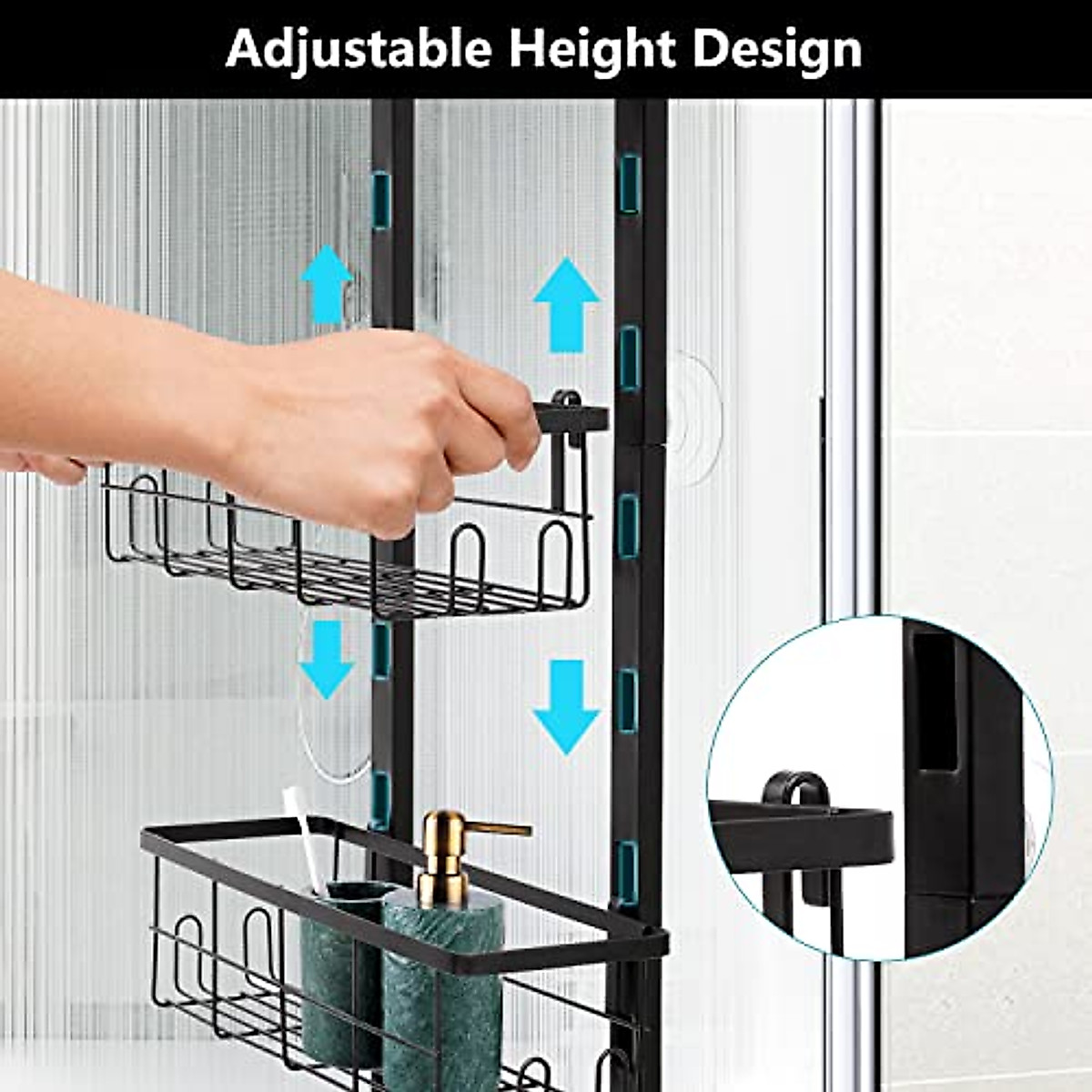 AUROPEAK Shower Caddy Over the Door, Hanging Shower Organizer Rustproof No Drilling, Adjustable Over the Shower Door Caddy Storage Rack with 5-Tier Shelf Baskets, Soap Holder, Towel Hooks for Bathroom