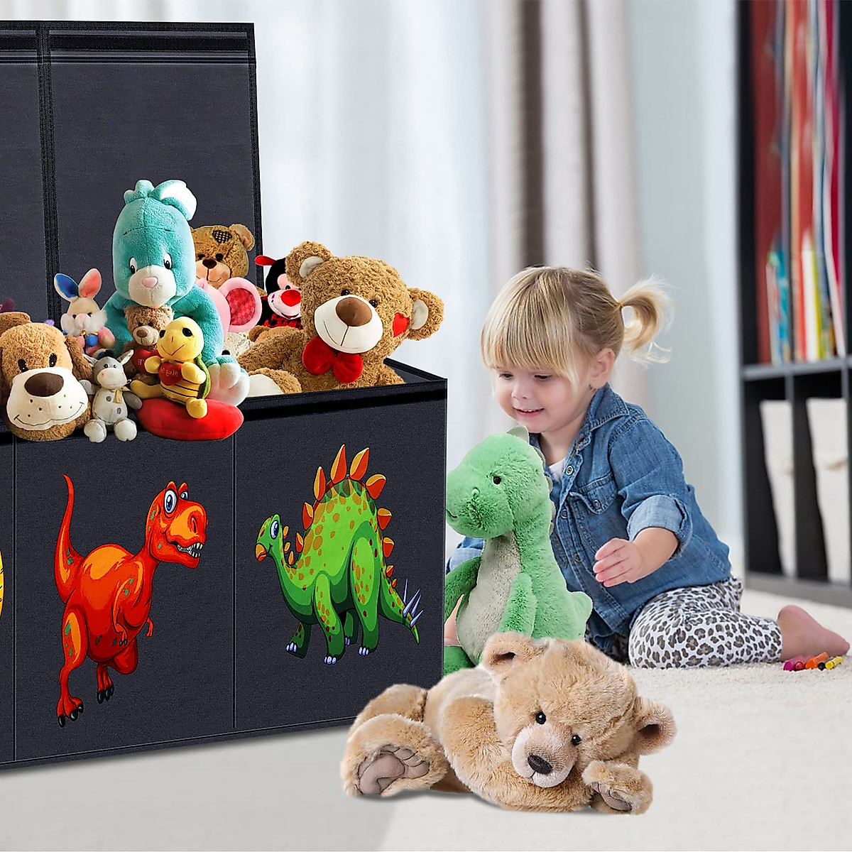 HOMEMARVEL Toy Box for Boys, Black Dinosaur and Horse Pattern