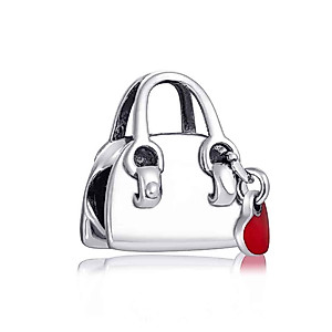 925 Sterling Silver Women Bag Charm Red Heart Charm Love Charm Anniversary Charm for Pandora Charm Bracelet