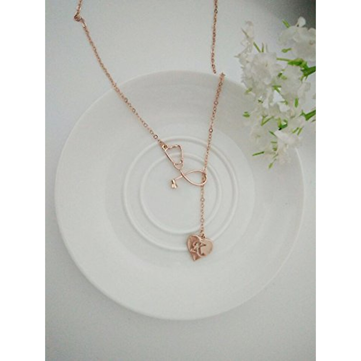 MANZHEN Rose Gold Plated Medicine Stethoscope Heart Initial Alphabet Letter Necklace for Doctor Nurse (I)