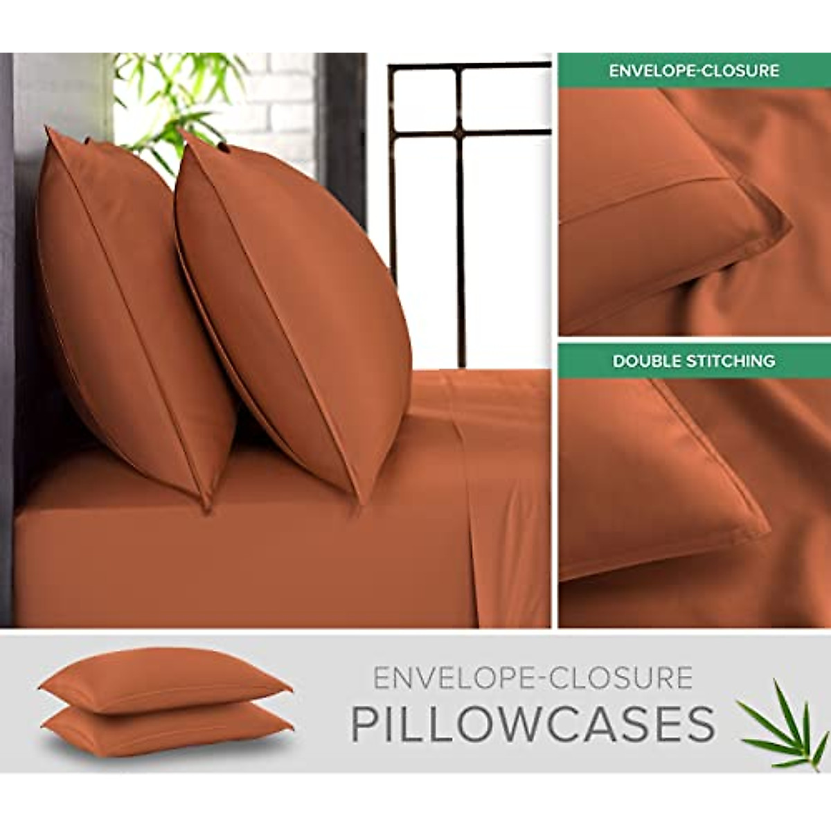 URE Bamboo Queen Pillowcase 2pc Set (20x30 inch) - Genuine 100% Organic Bamboo Viscose, Luxuriously Soft & Cooling, Double Stitching, Envelope Closure (2 Queen Pillowcases, Terracotta)