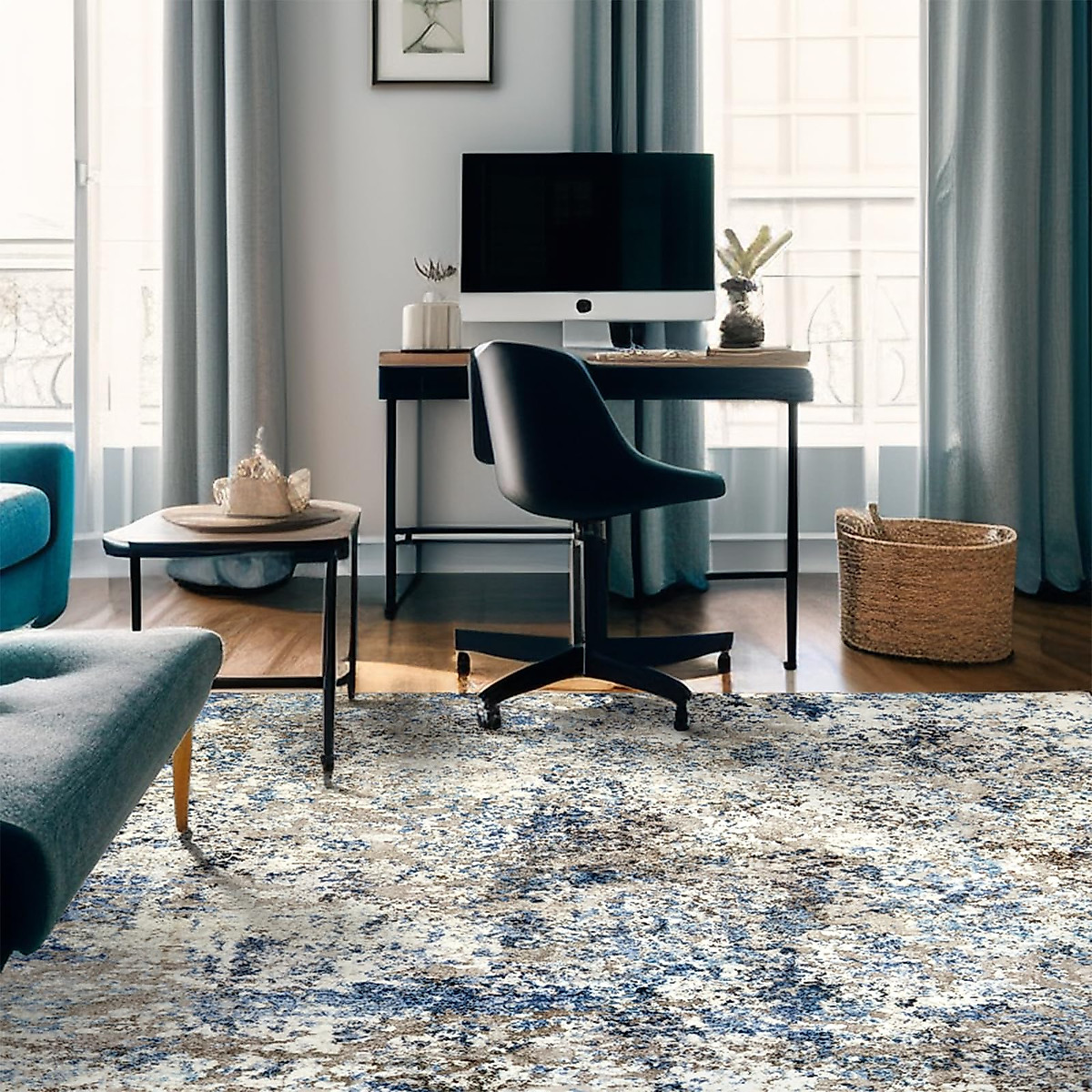 Area Rug Living Room Rugs - 5x7 Modern Abstract Large Soft Machine Washable Rug Stain Resistant Non Slip Faux Wool Low Pile Accent Carpet for Bedroom Dining Home Studio College Office - Grey/Blue