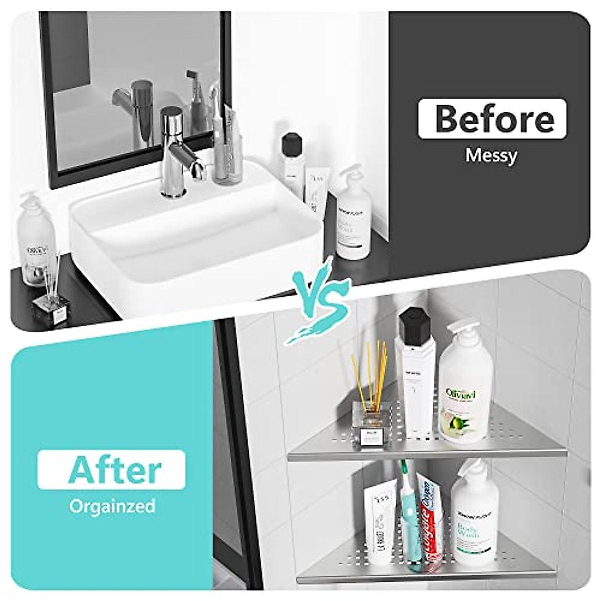 Qeke Corner Shower Shelves, 10” Recessed Tile Shower Shelf Brushed Nickel, 304 Stainless Steel Grout in Corner Tile Shower Shelves, No Drilling, 2 Pack