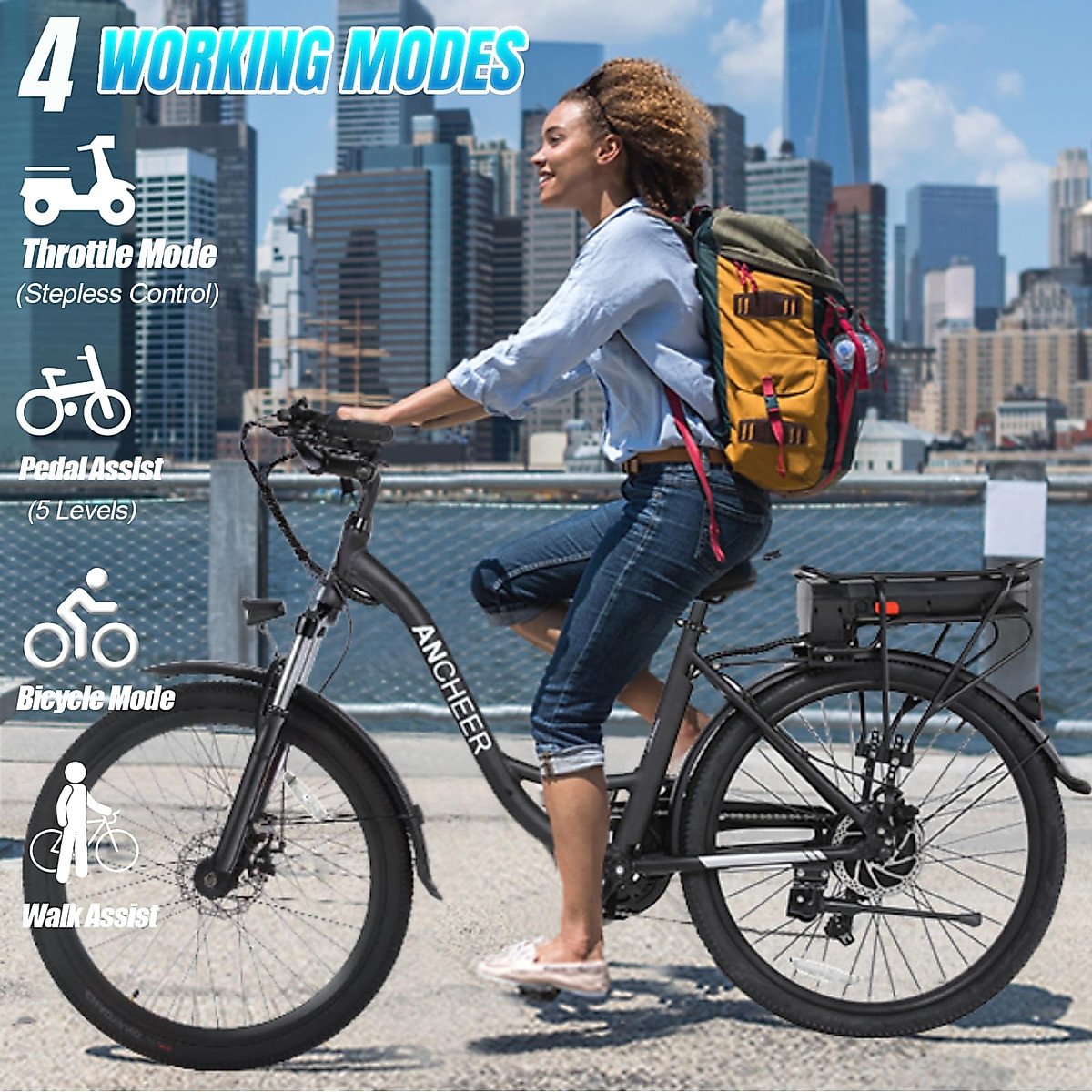 ANCHEER Electric Bike for Adults, 48V 499Wh Ebike, 26" City Commuter Bike with 48V Removable Battery, Up to 55 Miles, 3H Fast Charge, 7-Speed, Step-Thru Cruiser Bike for Women Men, UL 2849 Certified