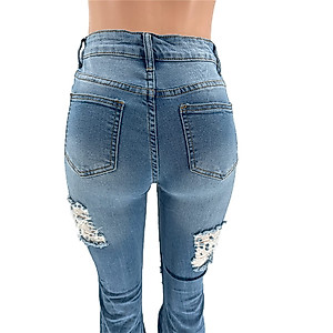 Maiyifu-GJ Bell Bottom Jeans for Women Ripped Mid Rise Raw Hem Flared Jean Slimming Skinny Stretch Wide Leg Denim Pants (Blue,Small)