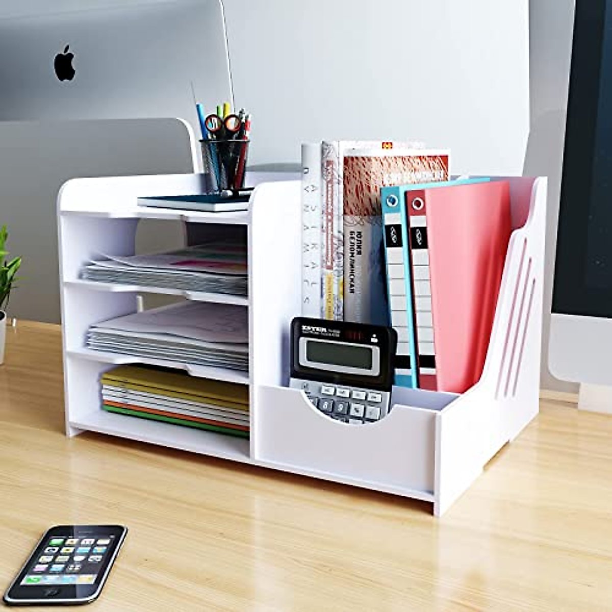 Natwind 4-Tier Office White Desktop Organizer Paper File Rack with Vertical Horizontal File Holder All in One Supplies Storage Box Mail Sorter on Desk Tabletop Binder Folder Letter Trays Study Home