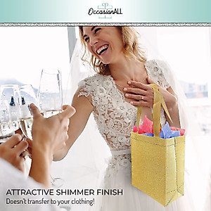 Gold Gift Bags - 12 Pack Medium Reusable Gift Bag Tote with Handles, Holographic Glitter Design, Eco Friendly for Christmas & Holiday Gifts, Birthday, Wedding & Party Favors, in Bulk - 8x4x10