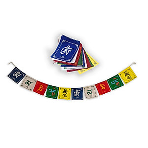 Buddha of Compassion Tibetan Prayer Flags Om Mani Padme Hum Set of 10 Five Tibetan Traditional Colors which are Yellow, Green, red, White and Blue. Each Color Represents an Element.