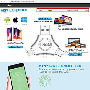 iDiskk 256GB App-le Certified flash drive photo vault for iPhone 15 USB C iPad Pro Android Samsung Flash Drive for iphone photo storage stick iPad pro Photo stick for iphone and computer