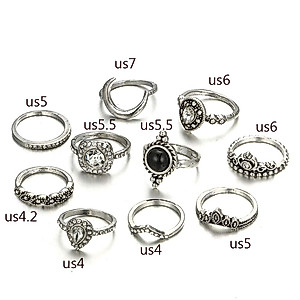 Missgrace Silver Trendy Simple Knuckle Rings Vintage Crystal and Rhinestones Silver Rings Set Tribal Accessory for Women 10Pcs (Style 13)
