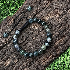 SHNAYA JEWELS AAA MOSS AGATE Natural Healing Power Gemstone Crystal Beads Unisex Adjustable Macrame Bracelets 8mm